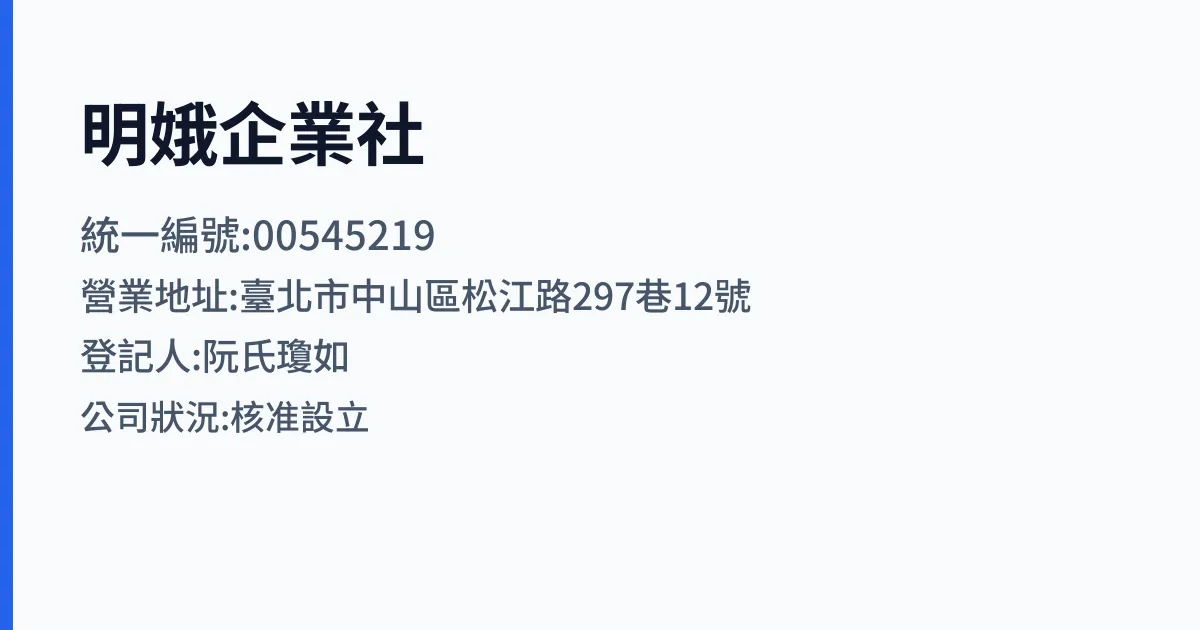 明娥企業社 - 統編 00545219(臺北市) 公司登記資料與營業項目詳細圖表