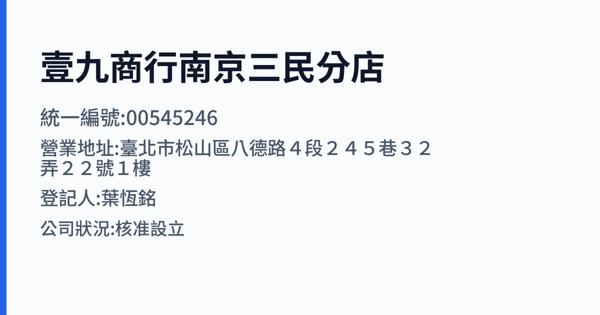 壹九商行南京三民分店 - 統編 00545246(臺北市) 公司登記資料與營業項目詳細圖表