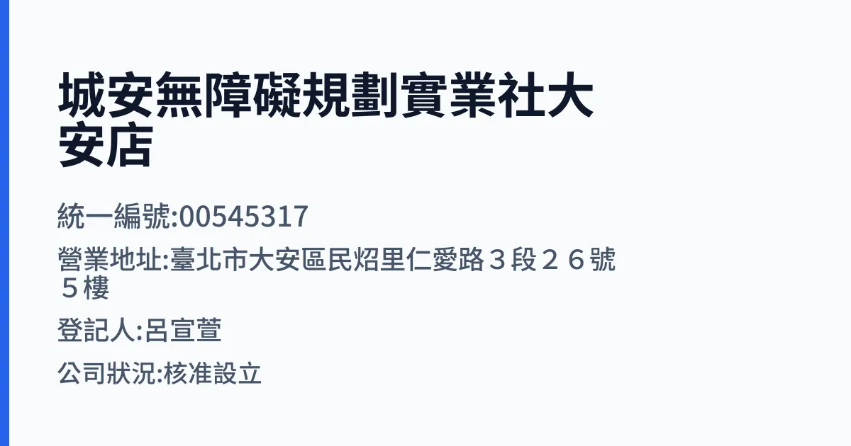 城安無障礙規劃實業社大安店 - 統編 00545317(臺北市) 公司登記資料與營業項目詳細圖表
