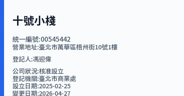 十號小棧的照片-統編 00545442(臺北市) 公司登記資料與營業項目詳細圖表