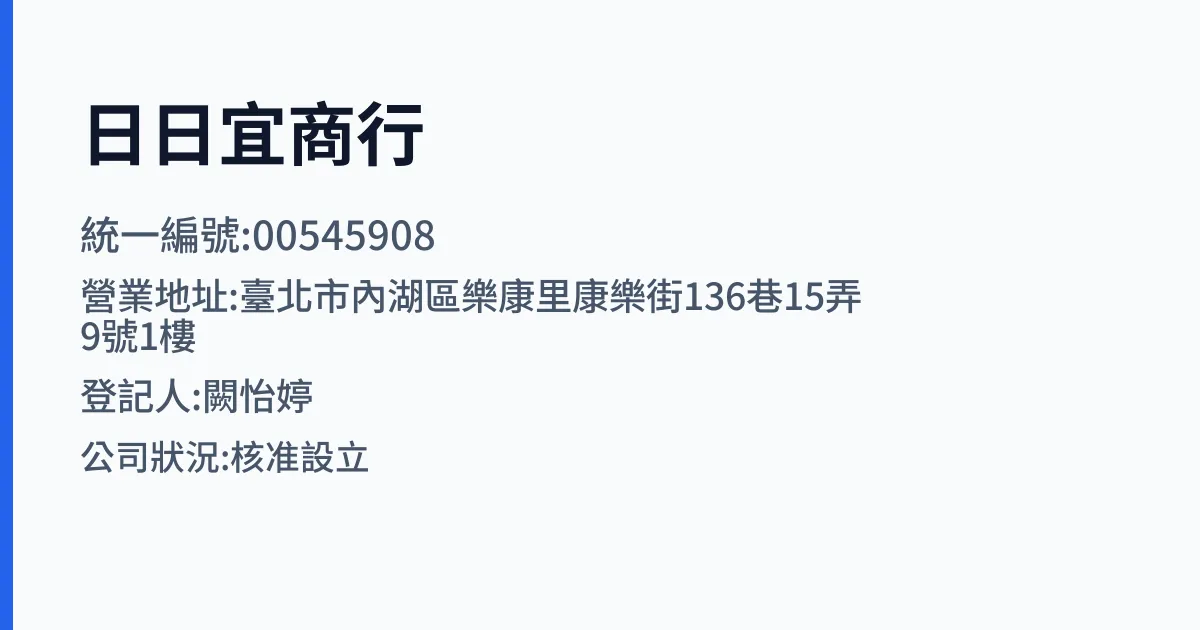 日日宜商行 - 統編 00545908(臺北市) 公司登記資料與營業項目詳細圖表