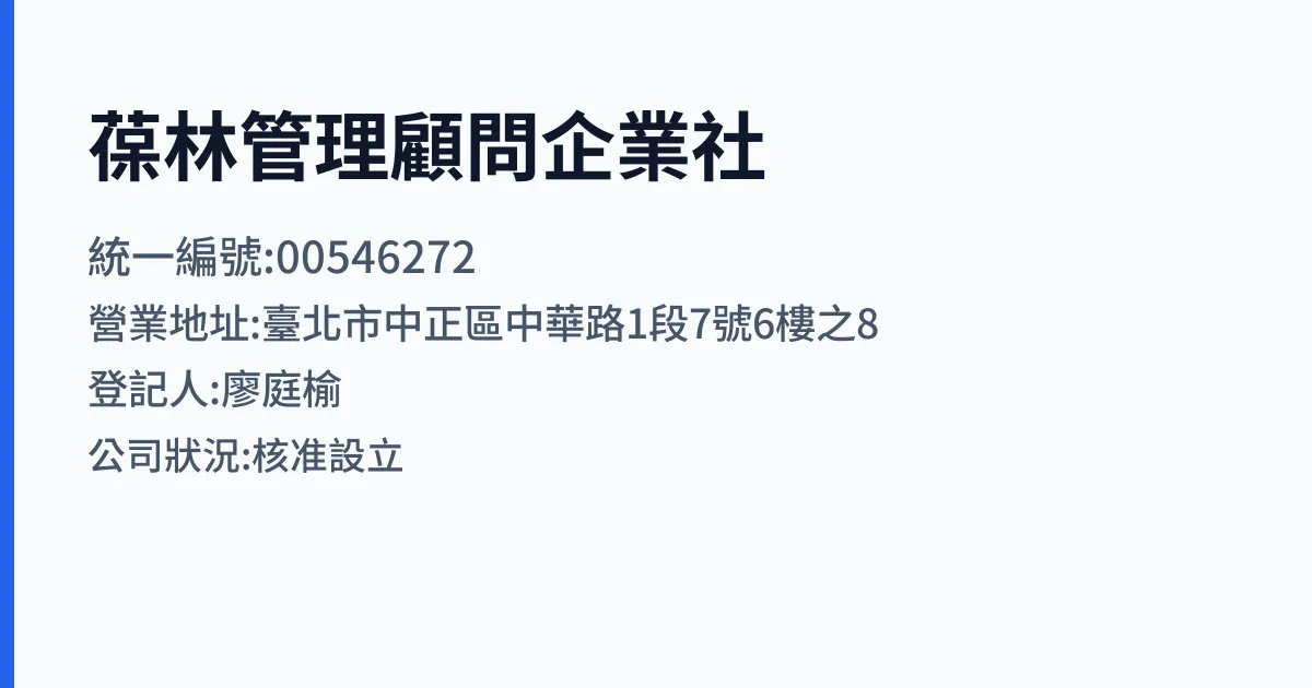 葆林管理顧問企業社 - 統編 00546272(臺北市) 公司登記資料與營業項目詳細圖表