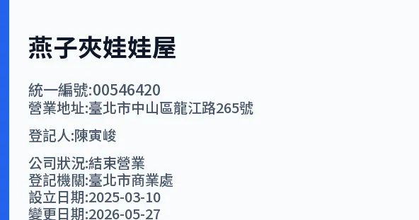 燕子夾娃娃屋的照片-統編 00546420(臺北市) 公司登記資料與營業項目詳細圖表