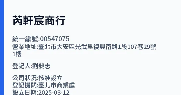 芮軒宸商行的照片-統編 00547075(臺北市) 公司登記資料與營業項目詳細圖表