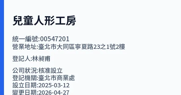 兒童人形工房的照片-統編 00547201(臺北市) 公司登記資料與營業項目詳細圖表