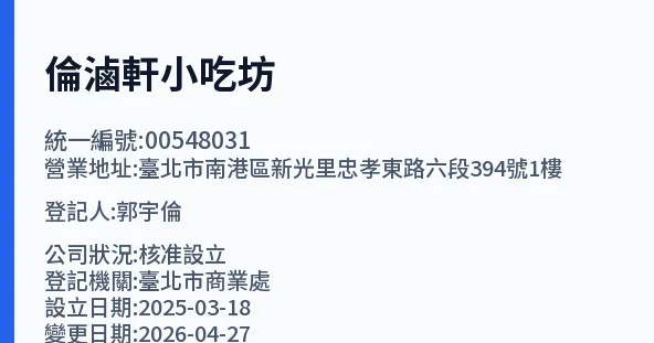 倫滷軒小吃坊的照片-統編 00548031(臺北市) 公司登記資料與營業項目詳細圖表
