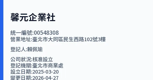 馨元企業社的照片-統編 00548308(臺北市) 公司登記資料與營業項目詳細圖表