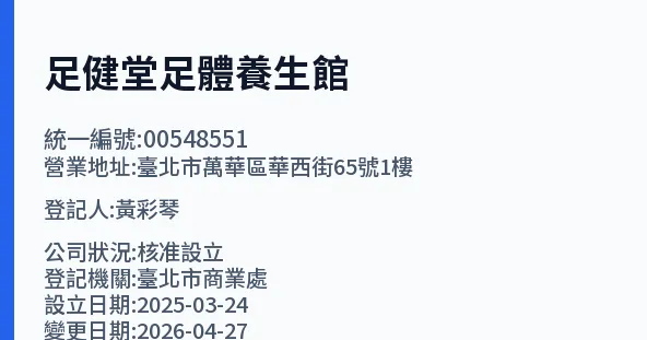 足健堂足體養生館的照片-統編 00548551(臺北市) 公司登記資料與營業項目詳細圖表