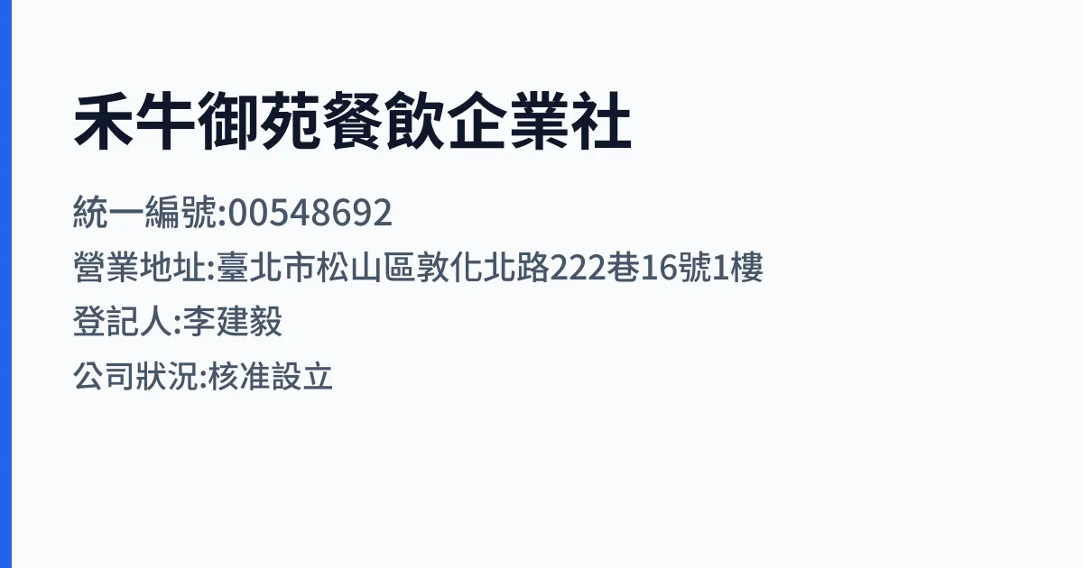 禾牛御苑餐飲企業社 - 統編 00548692(臺北市) 公司登記資料與營業項目詳細圖表
