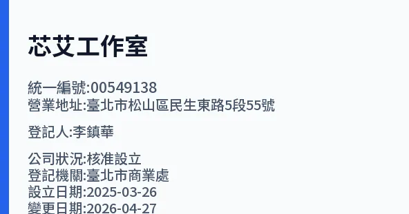 芯艾工作室的照片-統編 00549138(臺北市) 公司登記資料與營業項目詳細圖表