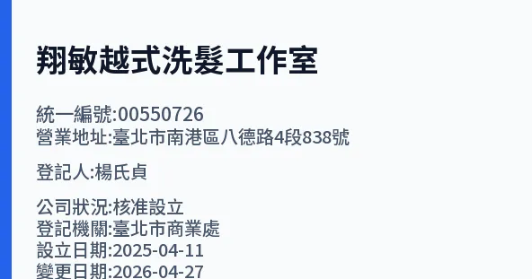 翔敏越式洗髮工作室的照片-統編 00550726(臺北市) 公司登記資料與營業項目詳細圖表