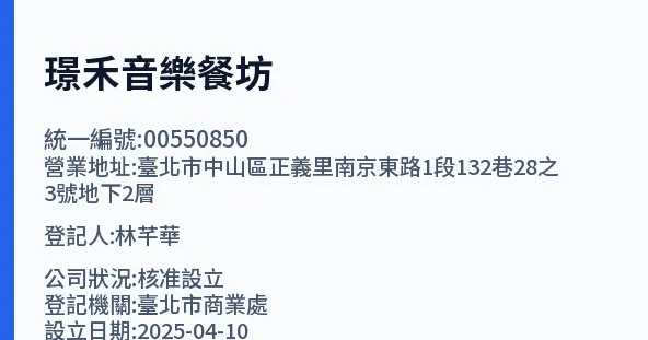 璟禾音樂餐坊的照片-統編 00550850(臺北市) 公司登記資料與營業項目詳細圖表