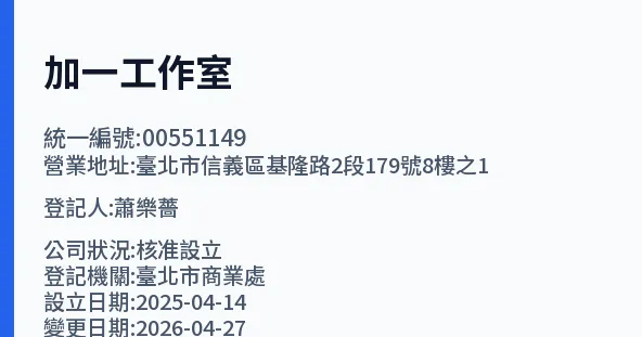 加一工作室的照片-統編 00551149(臺北市) 公司登記資料與營業項目詳細圖表