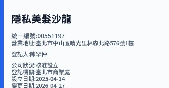 隱私美髮沙龍的照片-統編 00551197(臺北市) 公司登記資料與營業項目詳細圖表