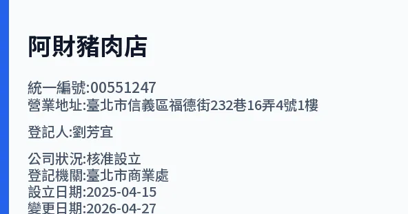 阿財豬肉店的照片-統編 00551247(臺北市) 公司登記資料與營業項目詳細圖表
