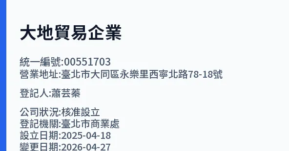 大地貿易企業的照片-統編 00551703(臺北市) 公司登記資料與營業項目詳細圖表