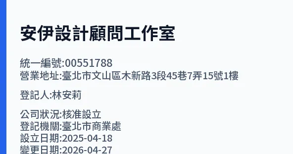 安伊設計顧問工作室的照片-統編 00551788(臺北市) 公司登記資料與營業項目詳細圖表
