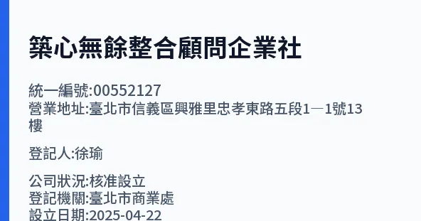 築心無餘整合顧問企業社的照片-統編 00552127(臺北市) 公司登記資料與營業項目詳細圖表