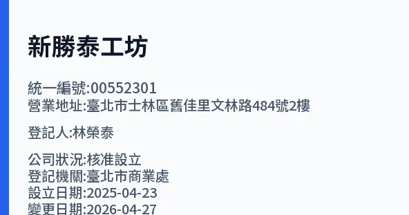 新勝泰工坊的照片-統編 00552301(臺北市) 公司登記資料與營業項目詳細圖表