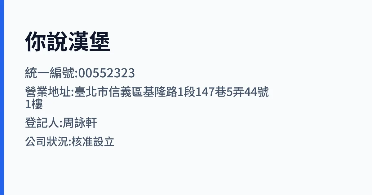 你說漢堡 - 統編 00552323(臺北市) 公司登記資料與營業項目詳細圖表