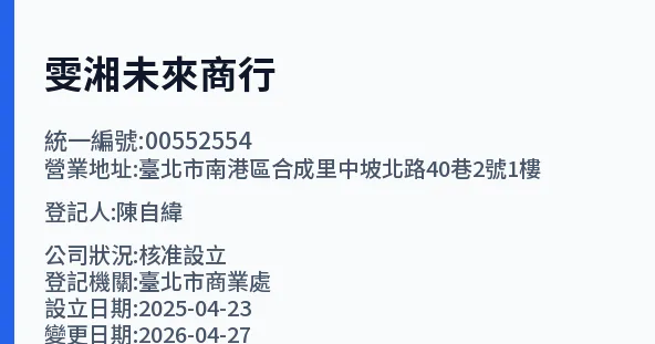 雯湘未來商行的照片-統編 00552554(臺北市) 公司登記資料與營業項目詳細圖表