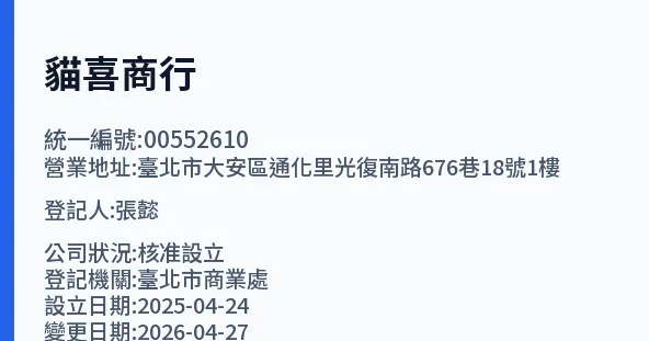 貓喜商行的照片-統編 00552610(臺北市) 公司登記資料與營業項目詳細圖表
