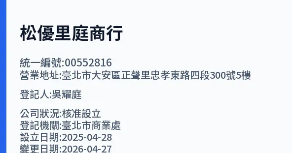 松優里庭商行的照片-統編 00552816(臺北市) 公司登記資料與營業項目詳細圖表