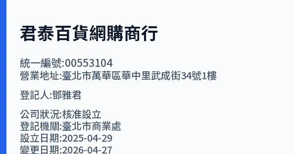 君泰百貨網購商行的照片-統編 00553104(臺北市) 公司登記資料與營業項目詳細圖表