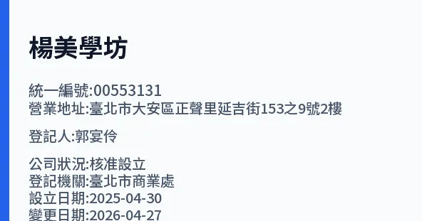 楊美學坊的照片-統編 00553131(臺北市) 公司登記資料與營業項目詳細圖表