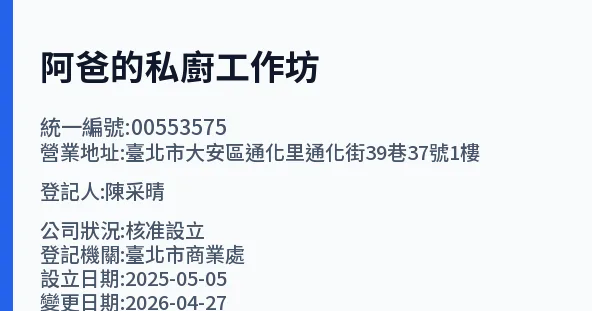阿爸的私廚工作坊的照片-統編 00553575(臺北市) 公司登記資料與營業項目詳細圖表