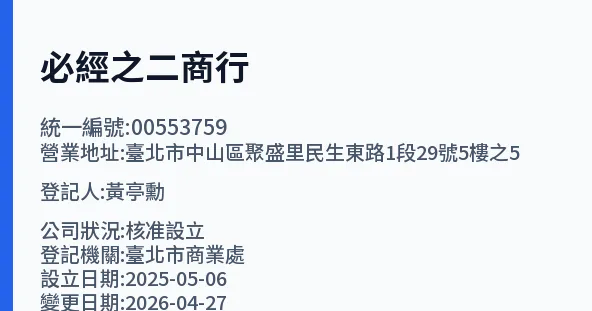 必經之二商行的照片-統編 00553759(臺北市) 公司登記資料與營業項目詳細圖表