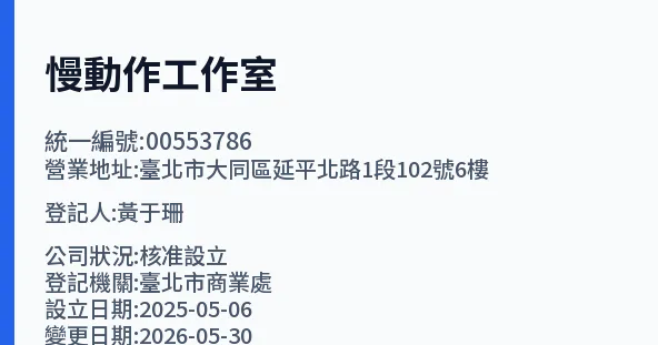 慢動作工作室的照片-統編 00553786(臺北市) 公司登記資料與營業項目詳細圖表
