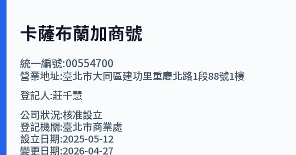 卡薩布蘭加商號的照片-統編 00554700(臺北市) 公司登記資料與營業項目詳細圖表