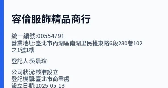 容倫服飾精品商行的照片-統編 00554791(臺北市) 公司登記資料與營業項目詳細圖表