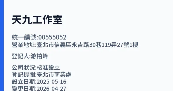 天九工作室的照片-統編 00555052(臺北市) 公司登記資料與營業項目詳細圖表