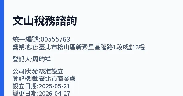 文山稅務諮詢的照片-統編 00555763(臺北市) 公司登記資料與營業項目詳細圖表