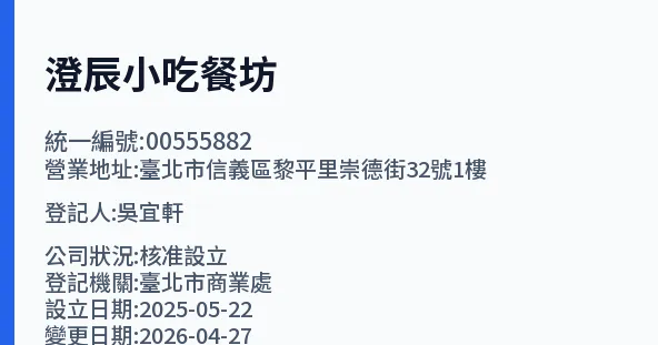 澄辰小吃餐坊的照片-統編 00555882(臺北市) 公司登記資料與營業項目詳細圖表