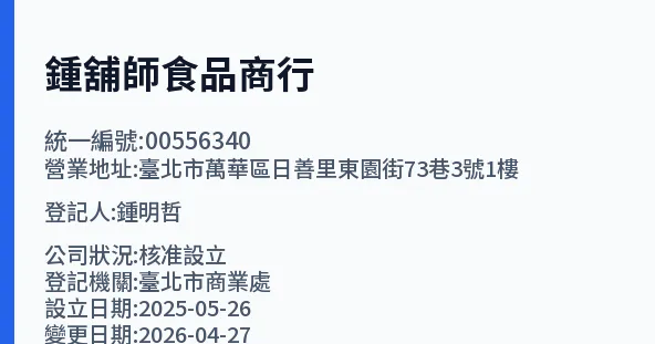 鍾舖師食品商行的照片-統編 00556340(臺北市) 公司登記資料與營業項目詳細圖表
