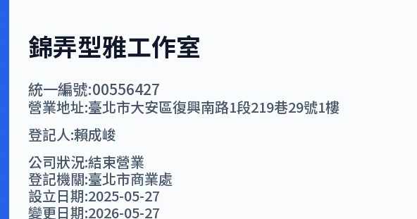 錦弄型雅工作室的照片-統編 00556427(臺北市) 公司登記資料與營業項目詳細圖表