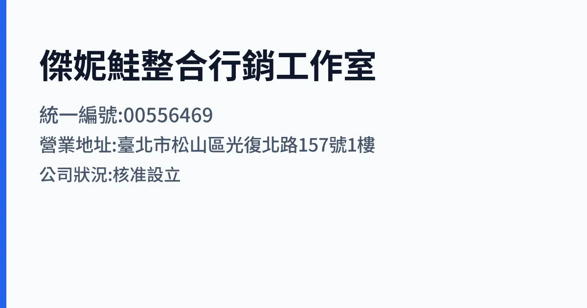 傑妮鮭整合行銷工作室 - 統編 00556469(臺北市) 公司登記資料與營業項目詳細圖表