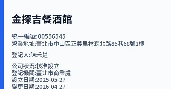 金探吉餐酒館的照片-統編 00556545(臺北市) 公司登記資料與營業項目詳細圖表