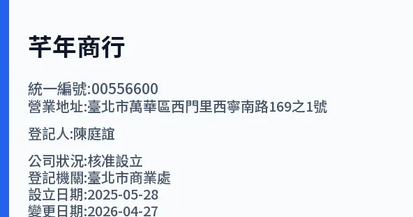 芊年商行的照片-統編 00556600(臺北市) 公司登記資料與營業項目詳細圖表