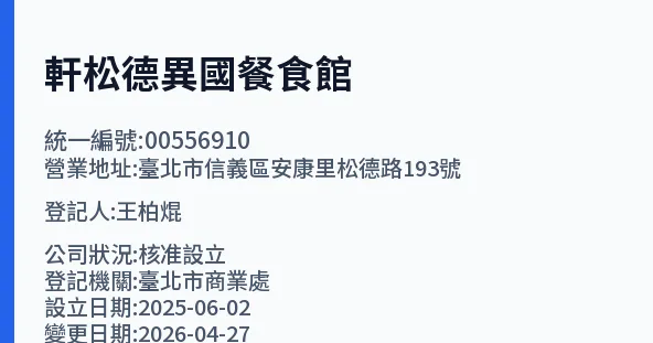 軒松德異國餐食館的照片-統編 00556910(臺北市) 公司登記資料與營業項目詳細圖表