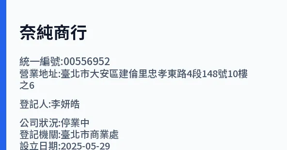 奈純商行的照片-統編 00556952(臺北市) 公司登記資料與營業項目詳細圖表