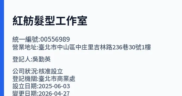 紅舫髮型工作室的照片-統編 00556989(臺北市) 公司登記資料與營業項目詳細圖表