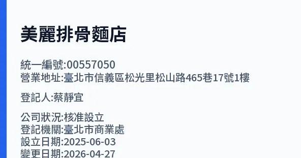 美麗排骨麵店的照片-統編 00557050(臺北市) 公司登記資料與營業項目詳細圖表