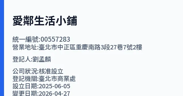 愛鄰生活小鋪的照片-統編 00557283(臺北市) 公司登記資料與營業項目詳細圖表