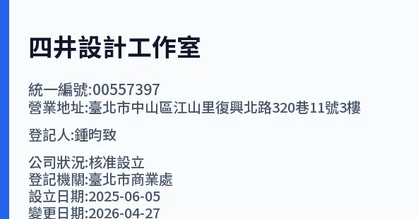 四井設計工作室的照片-統編 00557397(臺北市) 公司登記資料與營業項目詳細圖表
