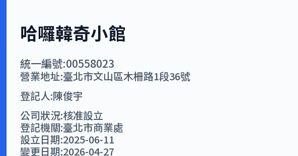 哈囉韓奇小館的照片-統編 00558023(臺北市) 公司登記資料與營業項目詳細圖表