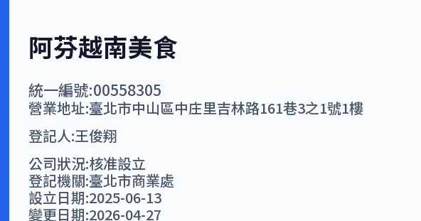 阿芬越南美食的照片-統編 00558305(臺北市) 公司登記資料與營業項目詳細圖表